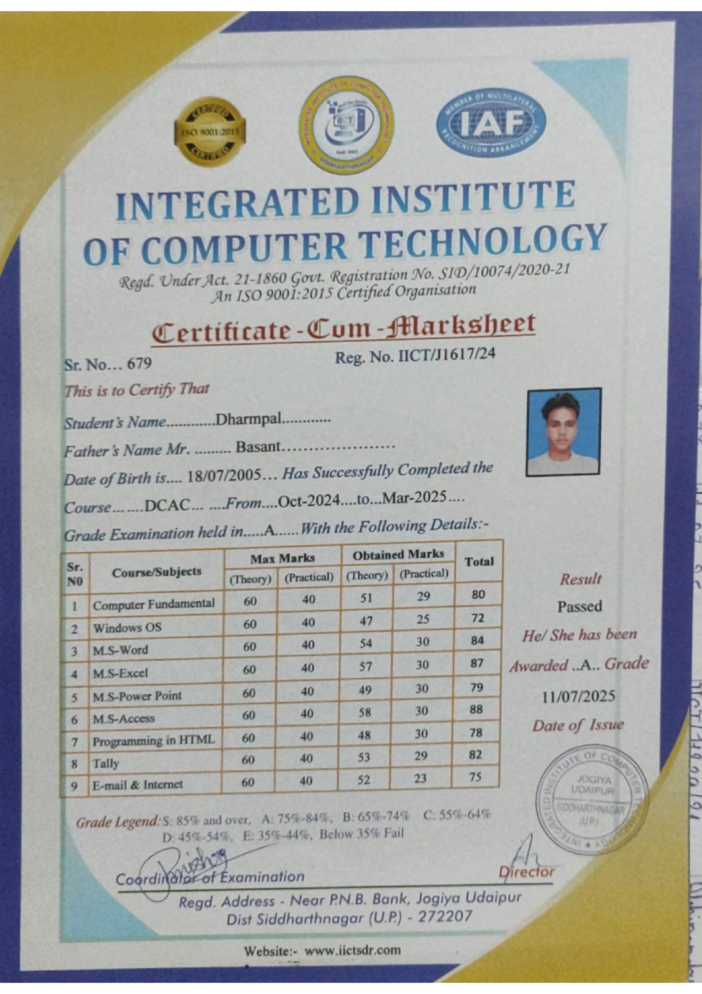 Student Certificates – IICT COMPUTER CENTRE